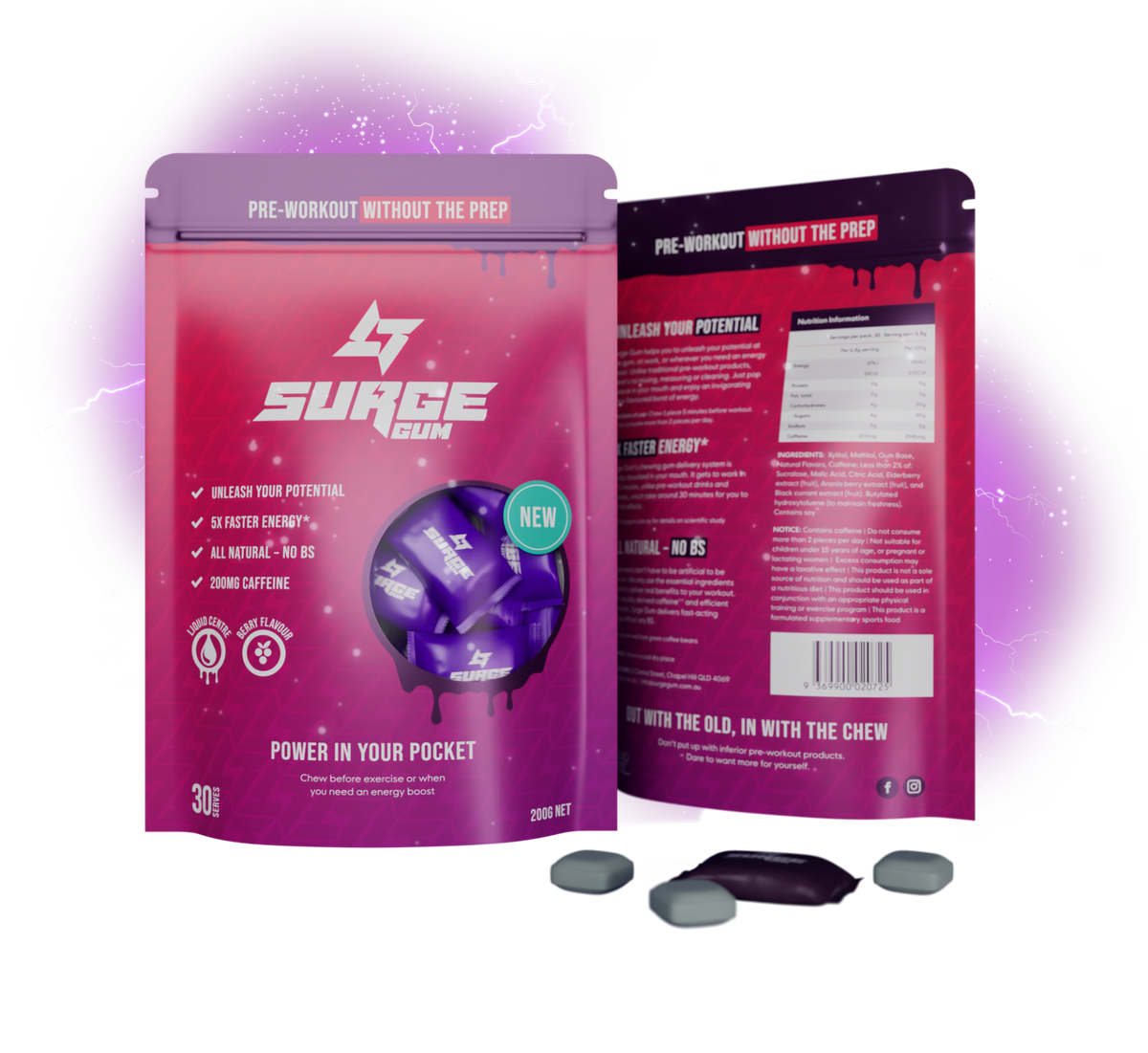 Surge Gum PreWorkout Gum 30 Serves – Hyper Health Sports Nutrition